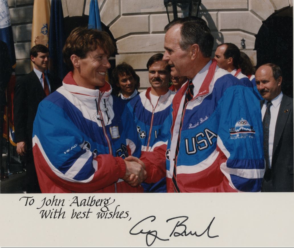 John Aalberg with President Bush - Alf Engen Museum Foundation