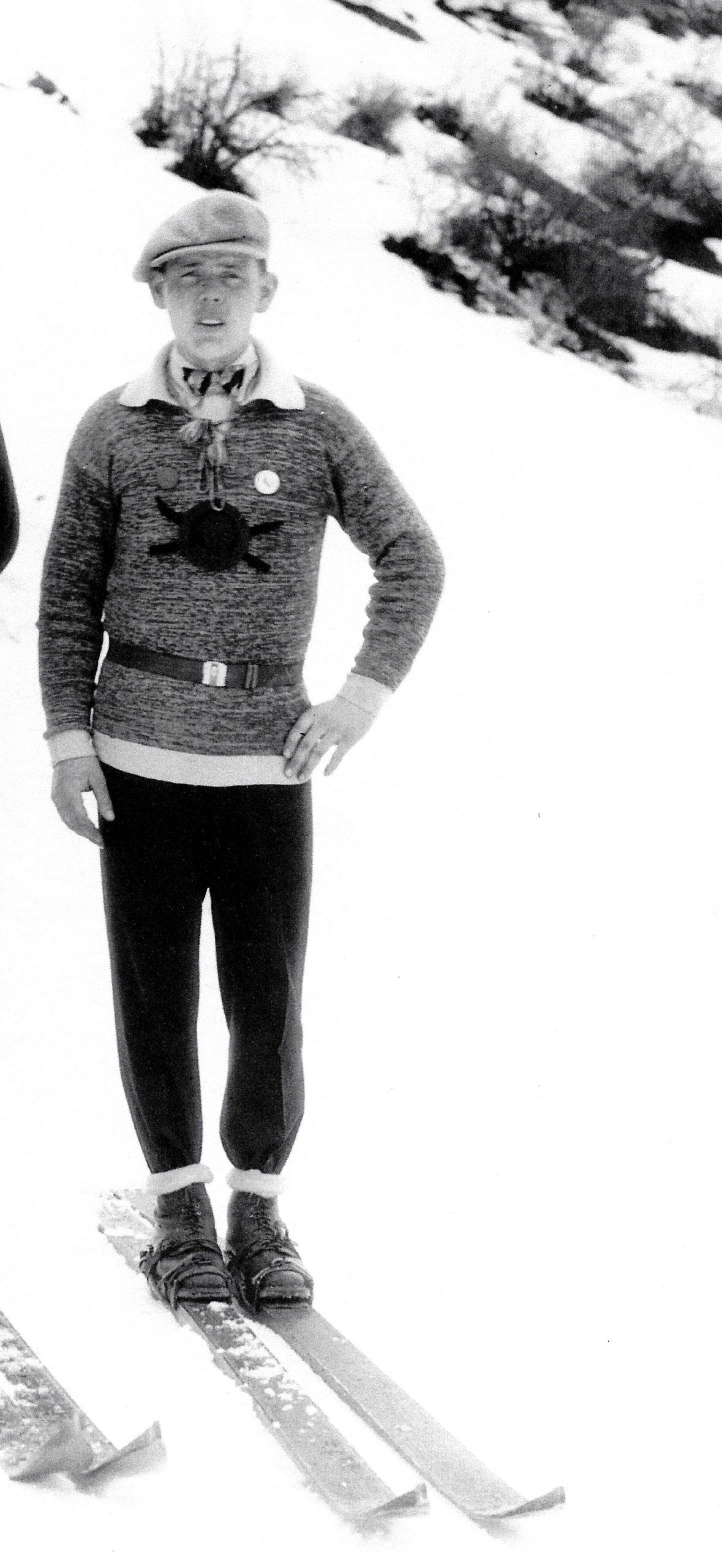 Alf Engen at base of newly constructed Ecker Hill circa March 1930. Note the primitive ski boots ...