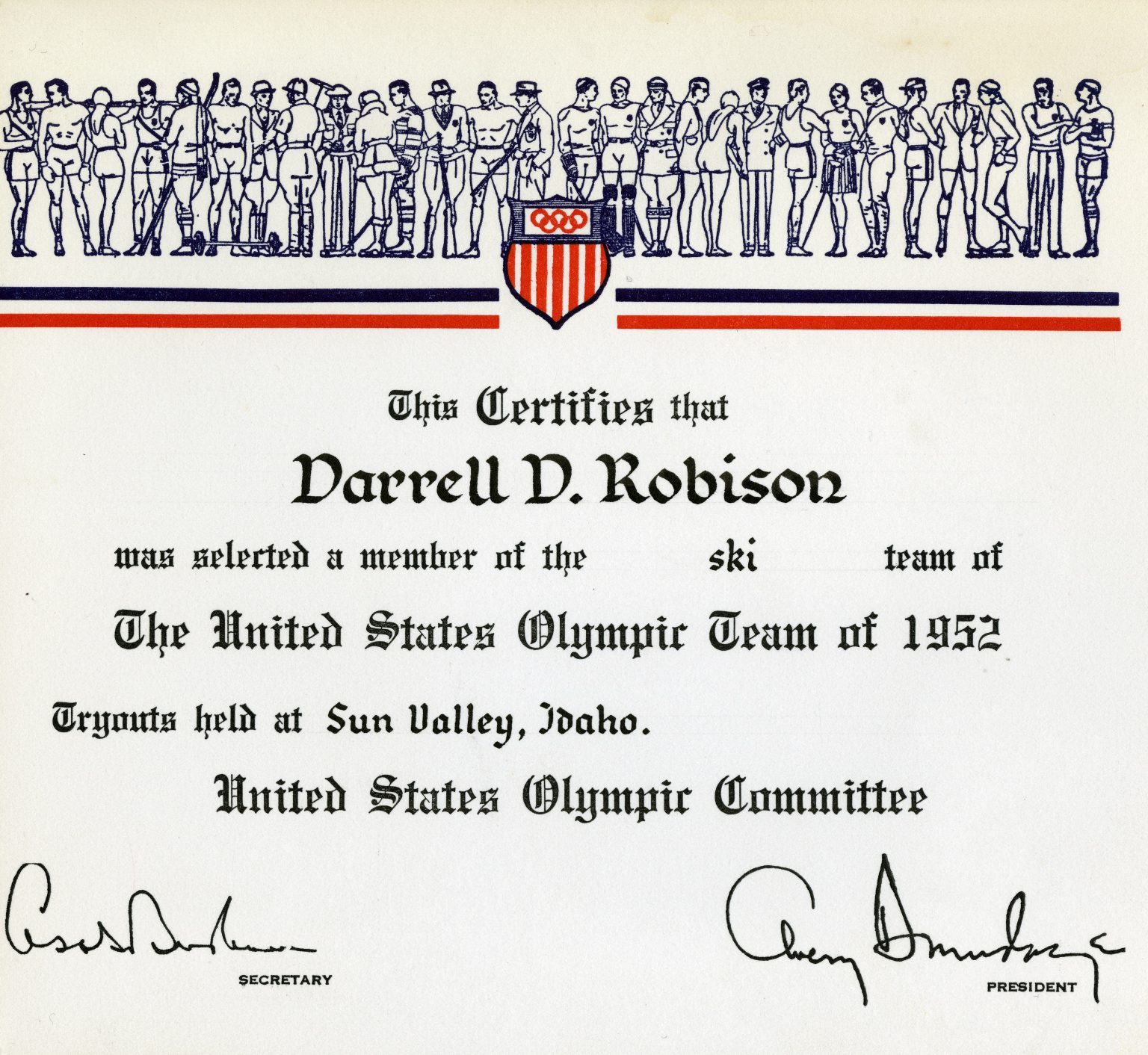 Darrell Robison's 1952 U.S. Olympic Team certificate. - Alf Engen ...