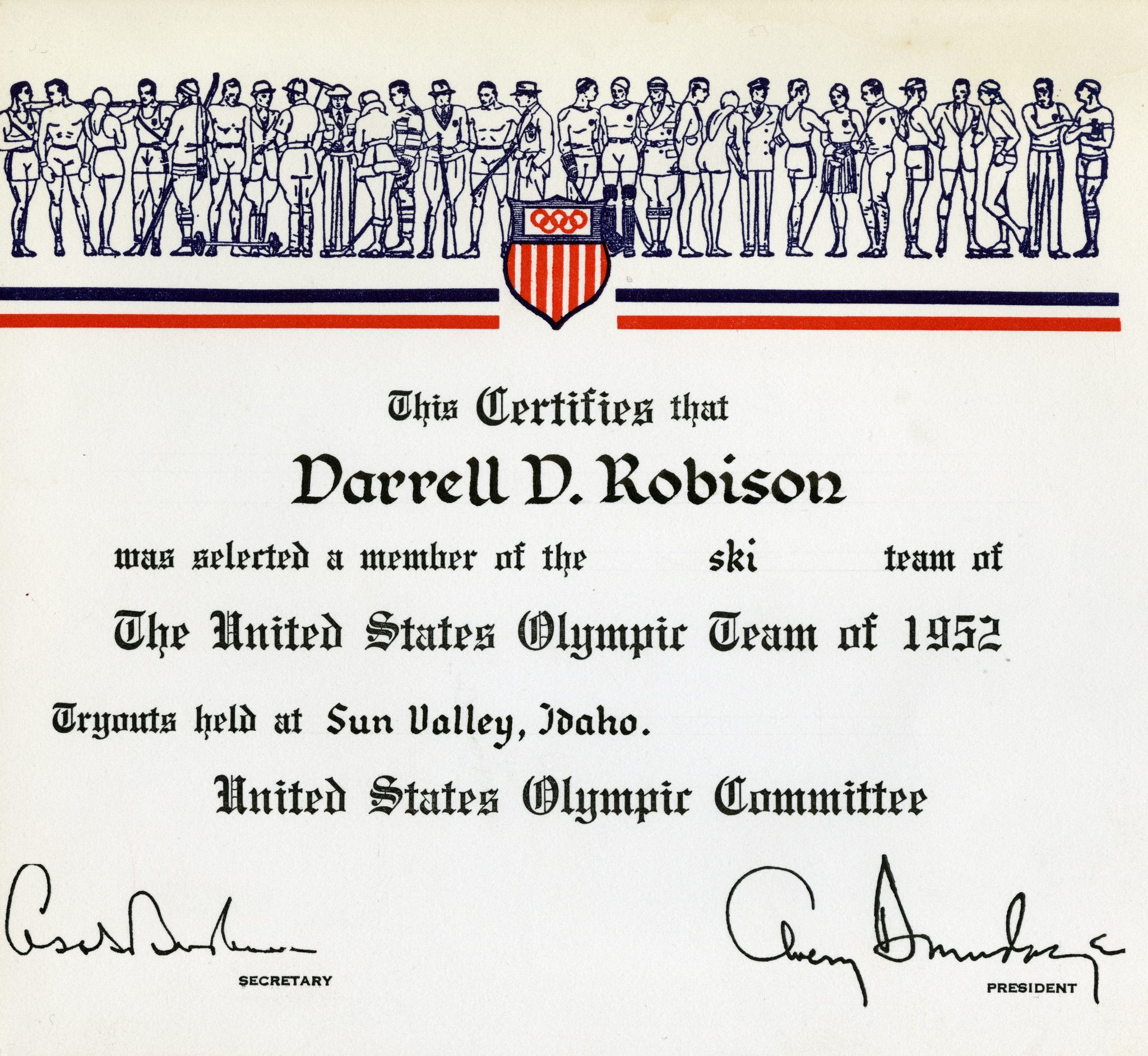 Darrell Robison's 1952 U.S. Olympic Team certificate. - Alf Engen ...