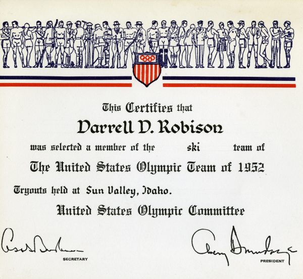Darrell Robison's 1952 U.S. Olympic Team certificate. - Alf Engen ...